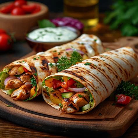 Tasty Wrap Grilled Shawarma With Chicken Veggies And Sauce Stock
