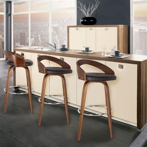 30 Inch Swivel Bar Stool Walnut Wood And Brown Faux Leather Foter