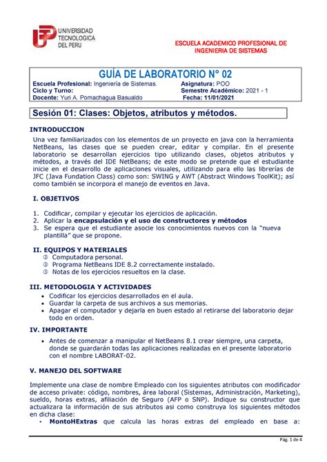 Lab 02 Poo Utp Apuntes Poo Sesión 01 Clases Objetos Atributos Y Métodos Introduccion Una