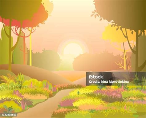 시골 길 가을 아름다운 풍경 해질녘 만화 스타일 오솔길 잔디와 나무의 언덕 무성한 초원으로 가는 길 로맨틱 한 아름다움 플랫 디자인 일러스트레이션 벡터 아트 0명에 대한