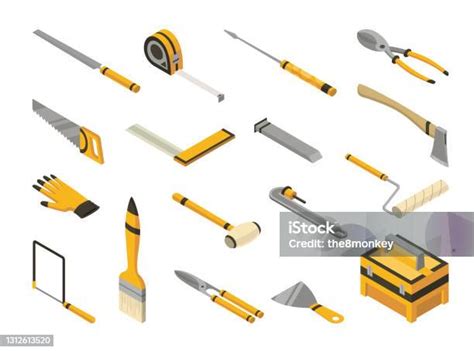 등등 측정 핸드 도구 집합입니다 핸디맨 수리를위한 도구의 자세한 아이콘 빌더 악기의 벡터 장비 키트 흰색 배경에 집 수리를위한 도구 공급 3차원 형태에 대한 스톡 벡터 아트
