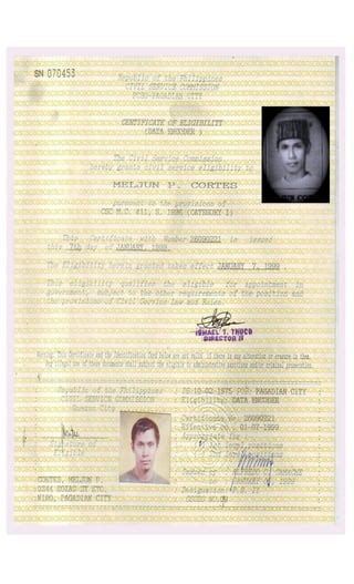 Csc Eligibility And Tesda Of Meljun Cortes Pdf