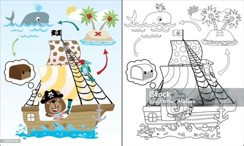 범선에 해적 의상을 입은 곰 만화의 벡터 일러스트레이션 해적 요소 그림 색칠하기 책 또는 페이지 고래에 대한 스톡 벡터 아트 및 기타 이미지 Istock