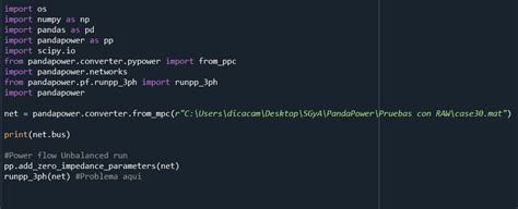 error while doing an asymetric power flow with a matpower import