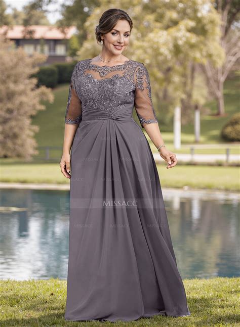 A Line Illusion Neck 1 2 Sleeves Chiffon Mother Of The Bride Dresses
