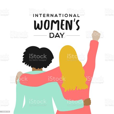 세계 여성의 날 3월 8일 주먹이 손을 내밀고 있다 두 여자가 함께 껴안고 있다 인권 평등 권한 부여의 개념 벡터 일러스트레이션