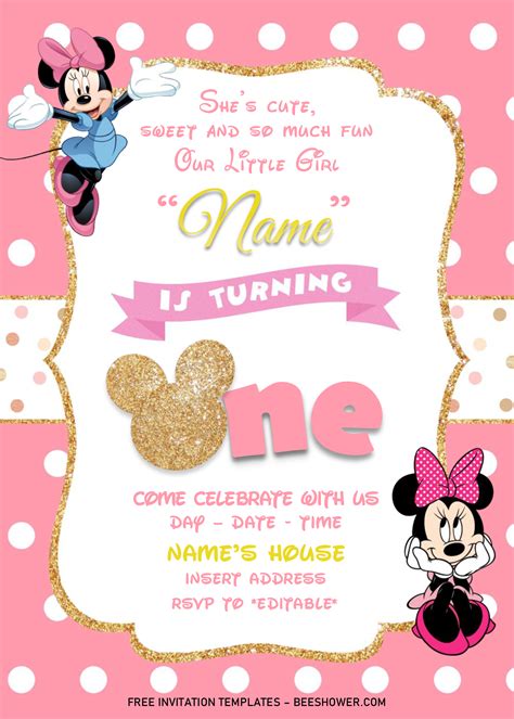 Gold Glitter Minnie Mouse Birthday Invitation Templates Editable Docx