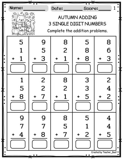 Autumn Math Adding 3 Single Digit Numbers Worksheets Fall Themed