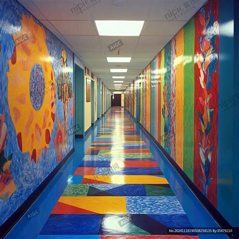 Ai创作图室内彩色通道 儿童活动中心过道 彩色过道 彩色地砖走廊 走廊地毯图案设计 多彩走廊 五彩走廊 七彩走廊 主题走廊 彩色室内通道 学校过道设计 彩虹过道 学校过道布置 特色走廊 教室