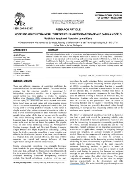 Pdf Modeling Monthly Rainfall Time Series Using Ets State Space And Sarima Models