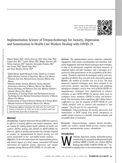 Implementation Science Of Telepsychotherapy For Anxiety Pdf