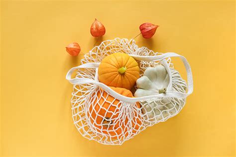 신선한 수확 야채 박 호박 쇼핑 환경 친화적 인 메쉬 백에 Pattypan 스쿼시 노란색 배경에 가을 Physalis 개념