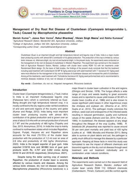 Management Of Dry Root Rot Disease Of Clusterbean Cyamopsis