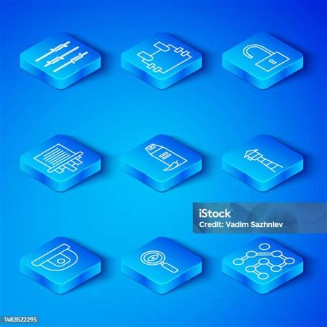 라인 모션 센서 후추 스프레이 돋보기 검색 시계탑 자물쇠 열기 종이 분쇄기 철조망 및 그래픽 암호 보호 아이콘을 설정합니다 벡터 3차원 형태에 대한 스톡 벡터 아트 및 기타