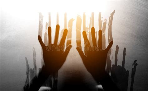Silhouette Scared Girl Hand Behind Glass Door Horror Background