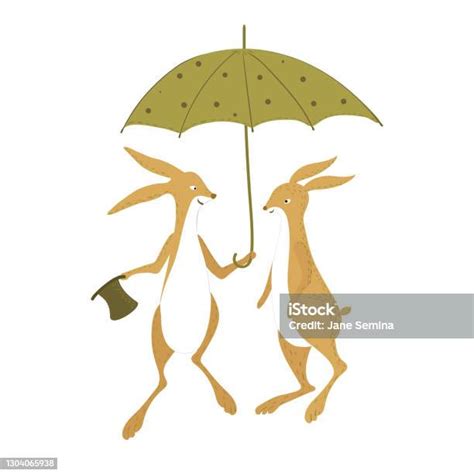 토끼에서 날짜 하레스는 우산 아래를 걷고 있다 흰색 배경에서 격리된 어린이를 위한 벡터 그림입니다 토끼에 대한 스톡 벡터 아트 및 기타 이미지 Istock