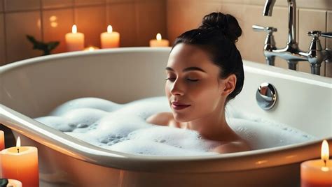 Beautiful Woman Relaxing In Foamy Bath Romantic Indoor Atmosphere