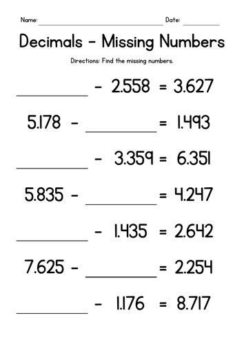 Subtracting 3 Digit Decimals Missing Numbers Teaching Resources