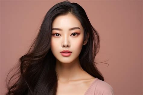 젊은 아시아 아름다움 여자 모델 얼굴에 한국 메이크업 스타일과 Isola에 완벽한 피부와 긴 머리 프리미엄 사진