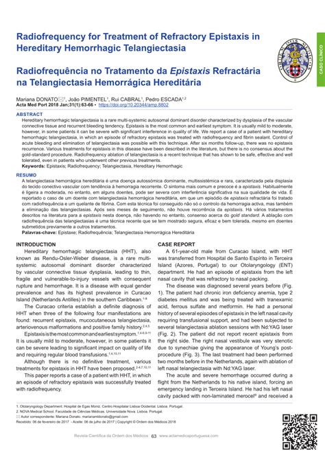 Pdf Radiofrequency For Treatment Of Refractory Epistaxis In Hereditary Hemorrhagic Telangiectasia