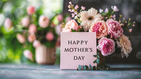 Ai Generated Happy Mothers Day Greeting Card And Bouquet Of Pink Roses