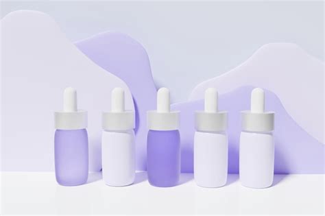 분홍색 물결 모양 배경에 보라색 얼굴 혈청 피펫 병의 3d 렌더링 프리미엄 사진