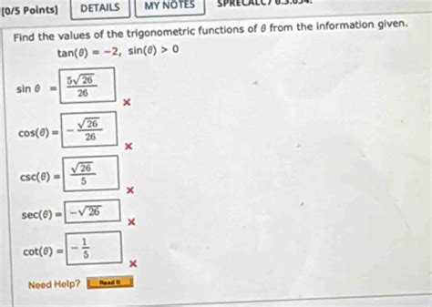 Solved 0 5 Points DETAILS MY NOTES Find The Values Of The