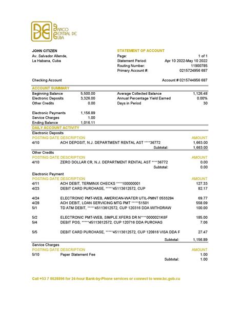 Cuba Banco Central De Cuba Bank Statement Template