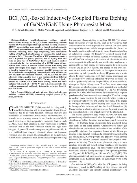 Pdf Based Inductively Coupled Plasma Etching Of Ganalgan Using Photoresist Mask