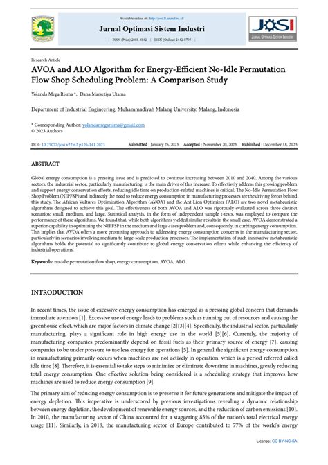 Pdf Avoa And Alo Algorithm For Energy Efficient No Idle Permutation