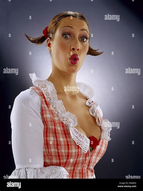 Woman Young Dirndl Dekollete Facial Play Is Surprised Half