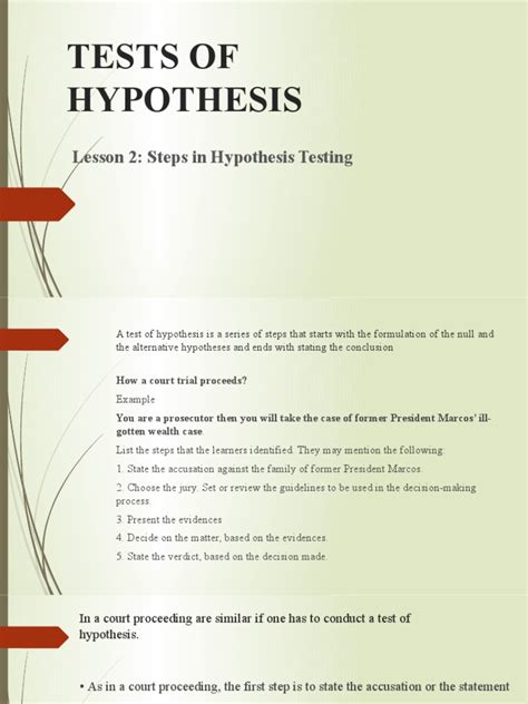 Tests Of Hypothesis Lesson 2 Steps In Hypothesis Testing Pdf Type