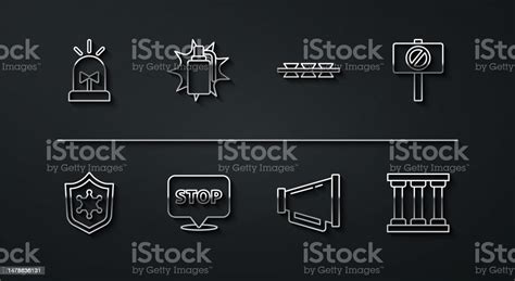 Set Line Flasher Siren Police Badge Protest Megaphone Hand Grenade Prison Window And Barbed Wire