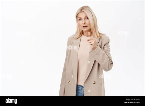 Senior Woman Elegant Lady Shaking Finger In Disapproval Scolding Bad