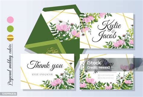 웨딩 초대장을 설정합니다 분홍색 야생 꽃과 녹색 수채화 고사리 잎 단풍 녹지 장식 골드 리본 인쇄꽃 디자인 벡터 우아한 귀여운 소박한 인사말 초대 엽서 0명에 대한 스톡