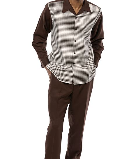 Brown Mini Checkered 2 Piece Long Sleeve Walking Suit Set Suits