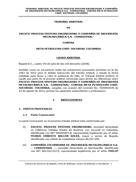 Laudo Arbitral N 4616 De Tribunal De Arbitraje Cmara De Come