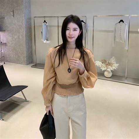 If韩系温柔风立领收腰长袖假两件衬衫女春季百搭气质简约短款上衣