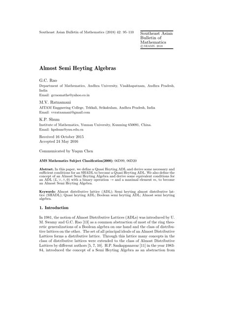 Pdf Southeast Asian Bulletin Of Mathematics Almost Semi Heyting Algebras