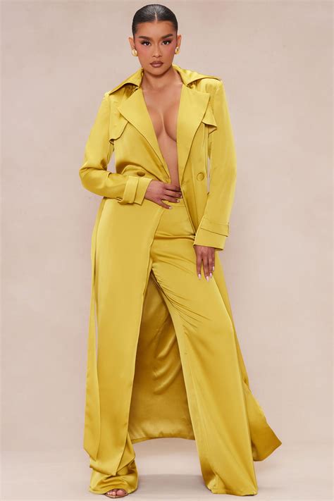 Gabriella Satin Trench Coat And Pant Set Chartreuse Fashion Nova