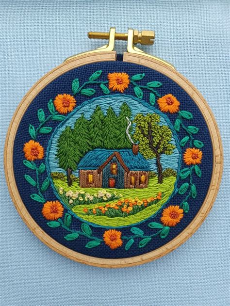Beautifully Detailed Handstitched Framed Landscape Embroidery