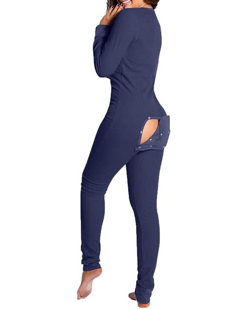 Womens Onesie Pajamas Sexy Butt Flap Pajamas Deep V Jumpsuit Bodycon Long Sleeve Rompers
