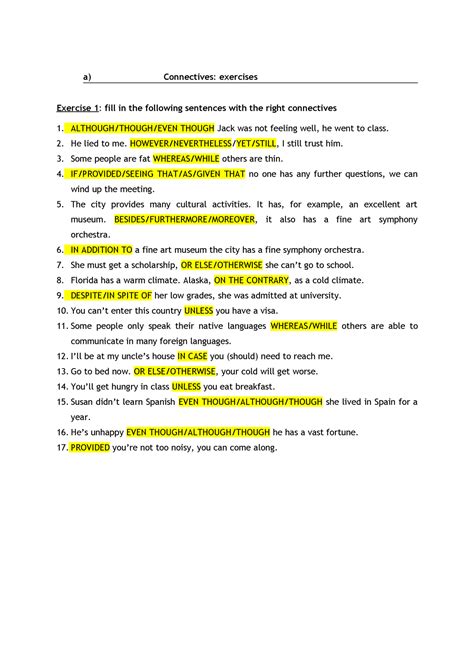 Connectives Key A Connectives Exercises Exercise 1 Fill In The