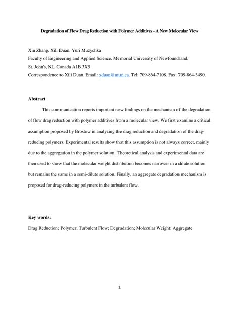 Pdf Degradation Of Flow Drag Reduction With Polymer Additives — A New Molecular View