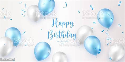 우아한 파란색 흰색 발롱과 파티 소품 리본 생일 축하 카드 배너 템플릿 배경 풍선에 대한 스톡 벡터 아트 및 기타 이미지