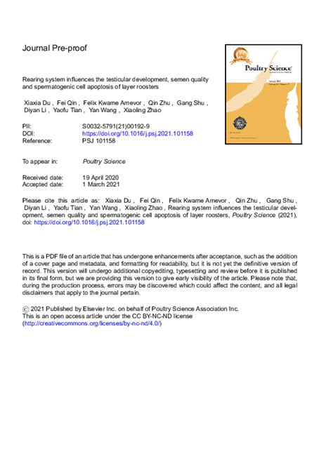 Pdf Rearing System Influences The Testicular Development Semen Quality And Spermatogenic Cell