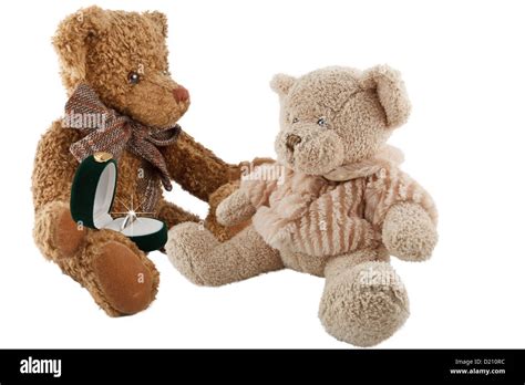 One Teddy Bear Proposing To Another By Offering An Engagement Ring