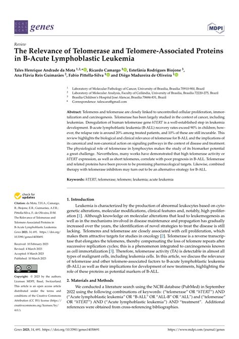 Pdf The Relevance Of Telomerase And Telomere Associated Proteins In B