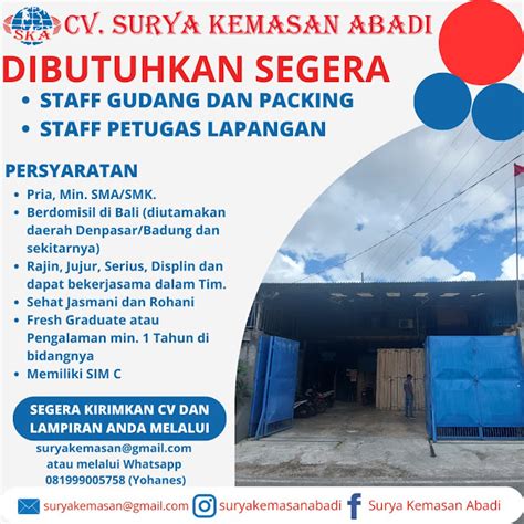 Lowongan Pekerjaan Staff Gudang Dan Petugas Lapangan