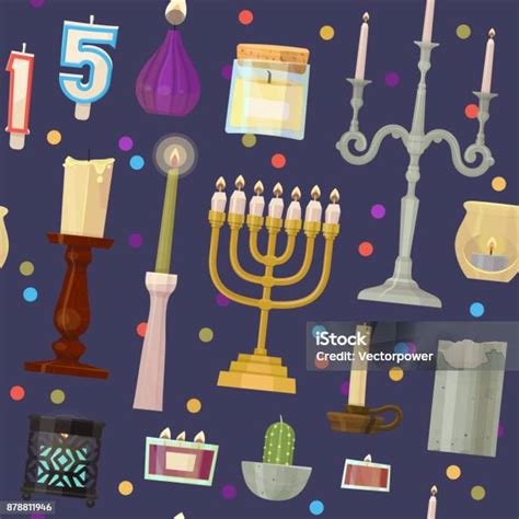 하누카 메노라 촛불 촛불 불꽃 장식 왁 스 촛대 세트 만화 크리스마스 또는 유태인 Hanukah 휴일 장식 완벽 한 패턴 배경